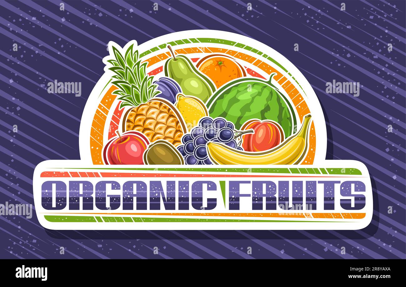 Vector logo for Organic Fruits, white decorative sign board with ...