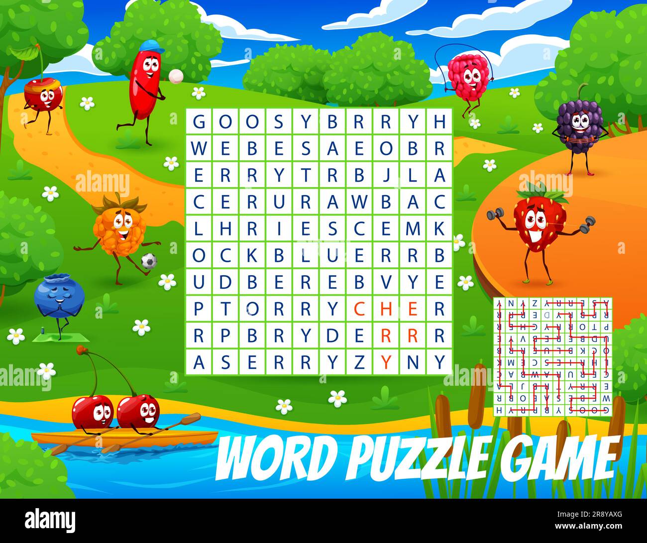 Word search puzzle game, cartoon cheerful berry characters on summer ...