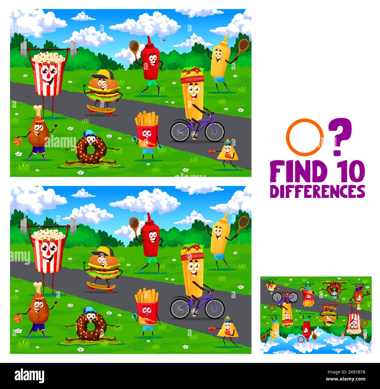 Find ten differences. Cartoon fast food characters on sport vacation ...