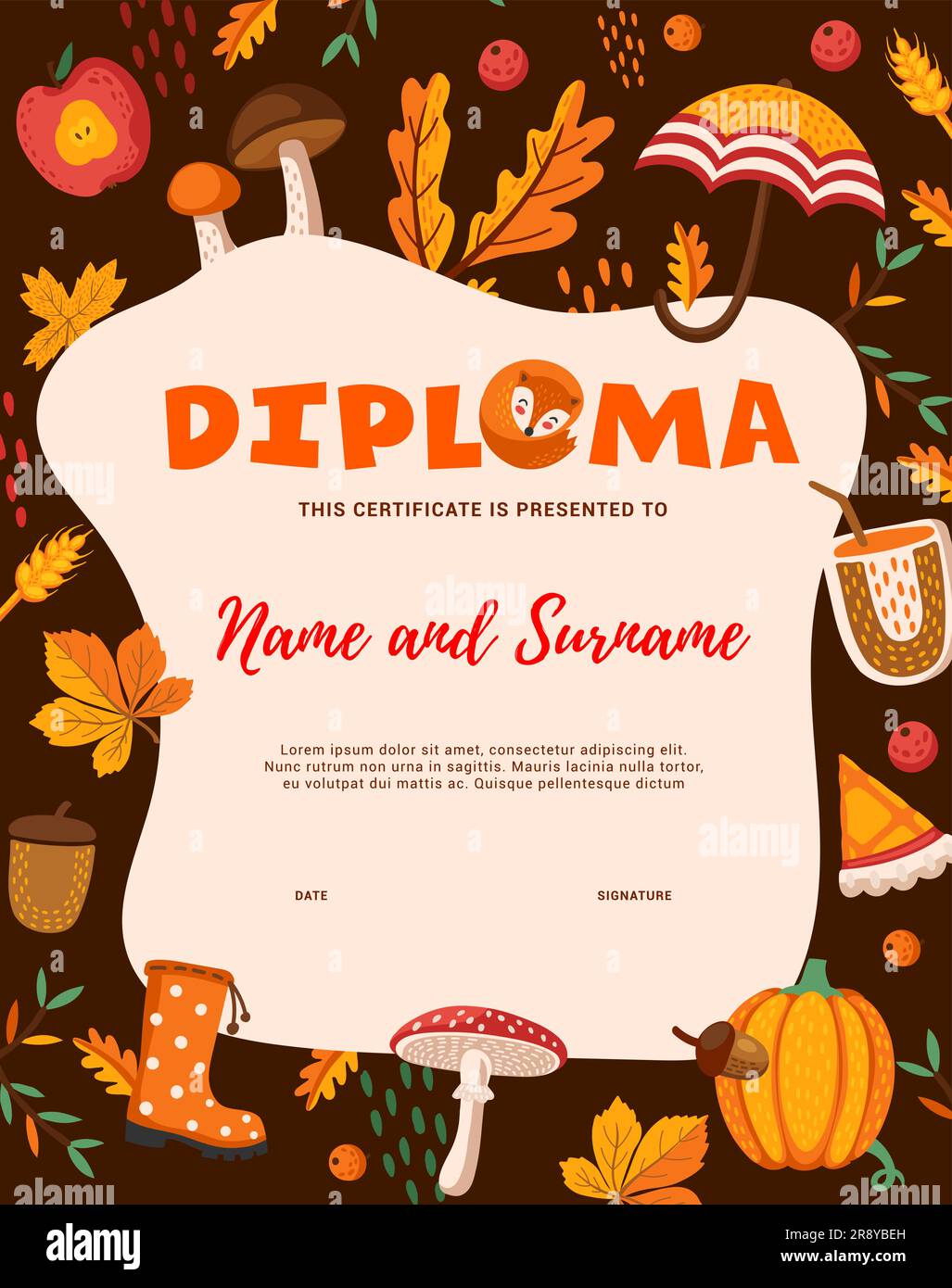 Kids diploma with cartoon autumn and Thanksgiving food, plants and ...