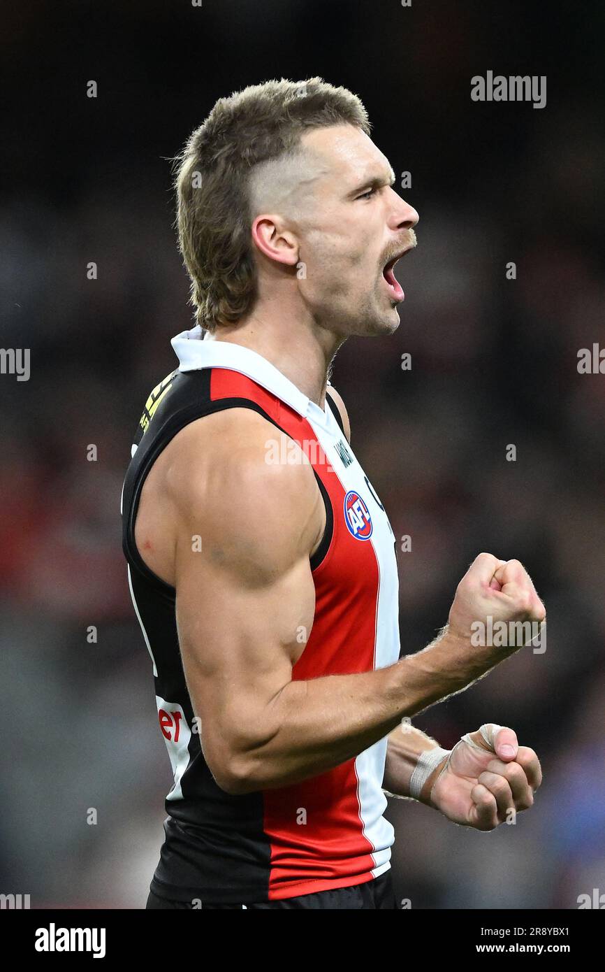 Melbourne, Australia. 23rd June, 2023. Dan Butler of St Kilda reacts ...