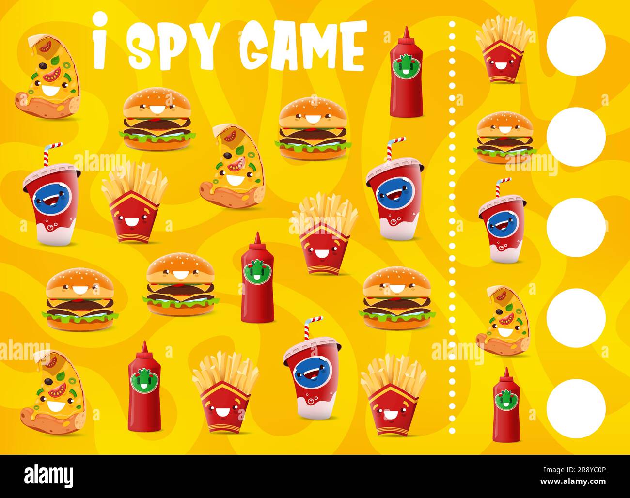 I spy game, funny cartoon takeaway fast food characters, vector quiz ...