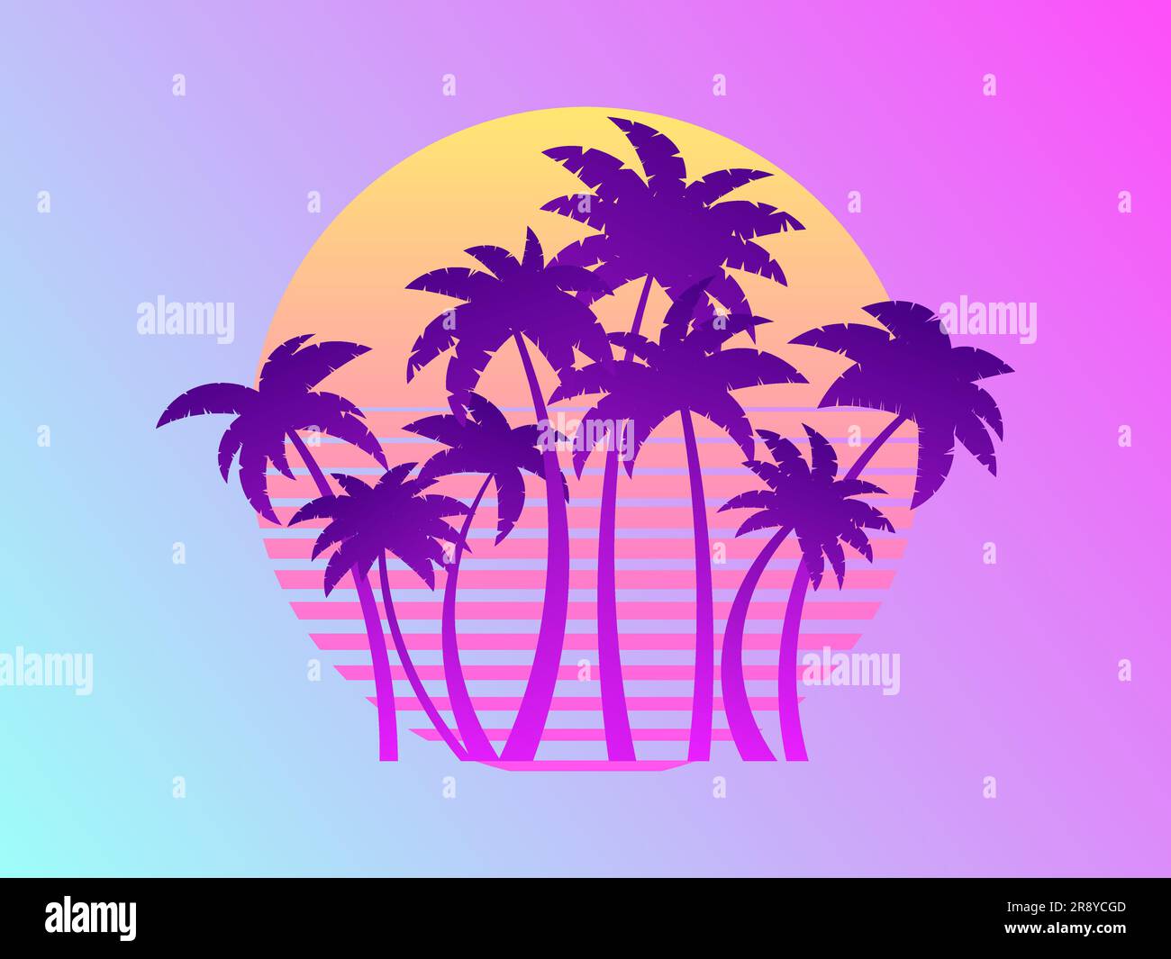 Palm trees on a sunset 80s retro sci-fi style. Summer time. Futuristic ...