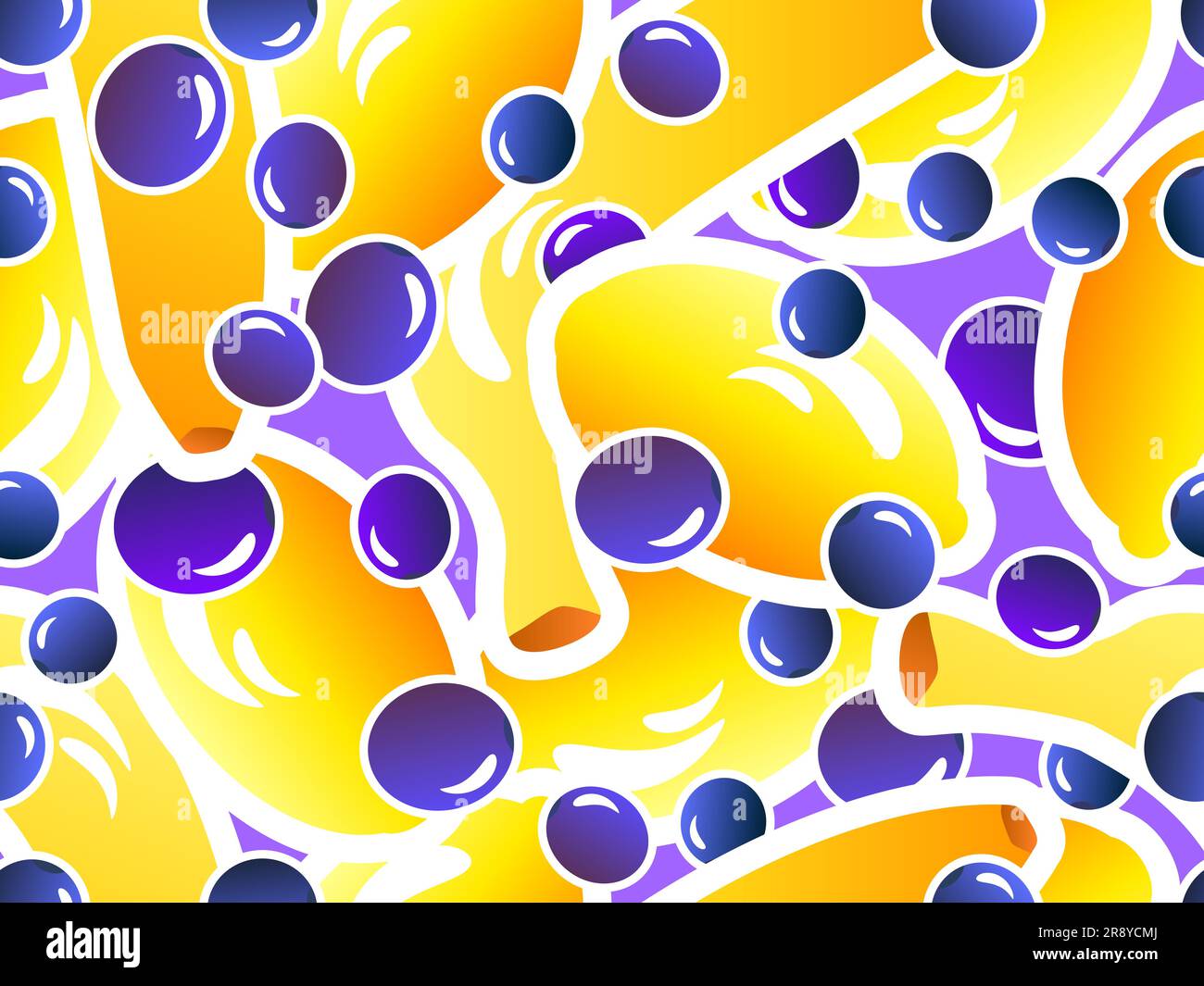 Seamless pattern with bananas, blueberries and lemons. Summer fruit and ...