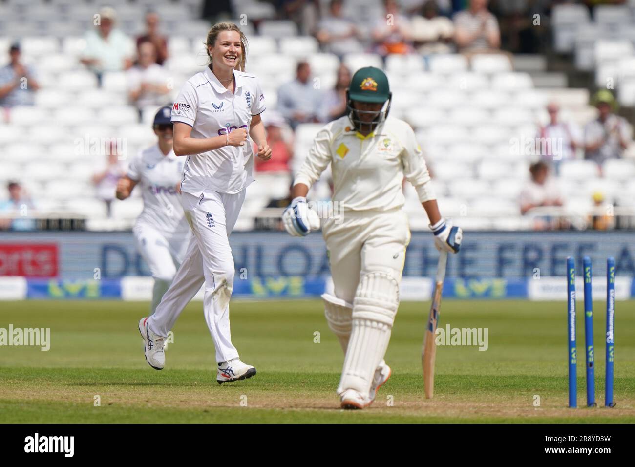 England’s Lauren Bell (left) celebrates after taking the wicket of ...