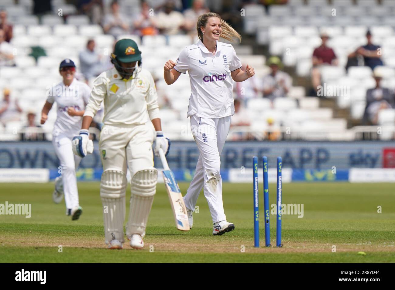 England’s Lauren Bell (right) celebrates after taking the wicket of ...