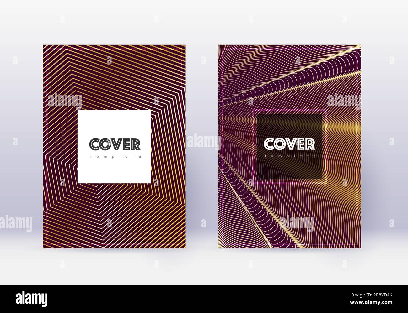 Hipster cover design template set. Gold abstract lines on maroon ...