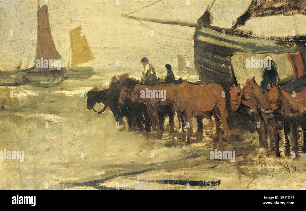 Draught horses pulling a fishing boat into the sea, 1870-1888 Stock ...