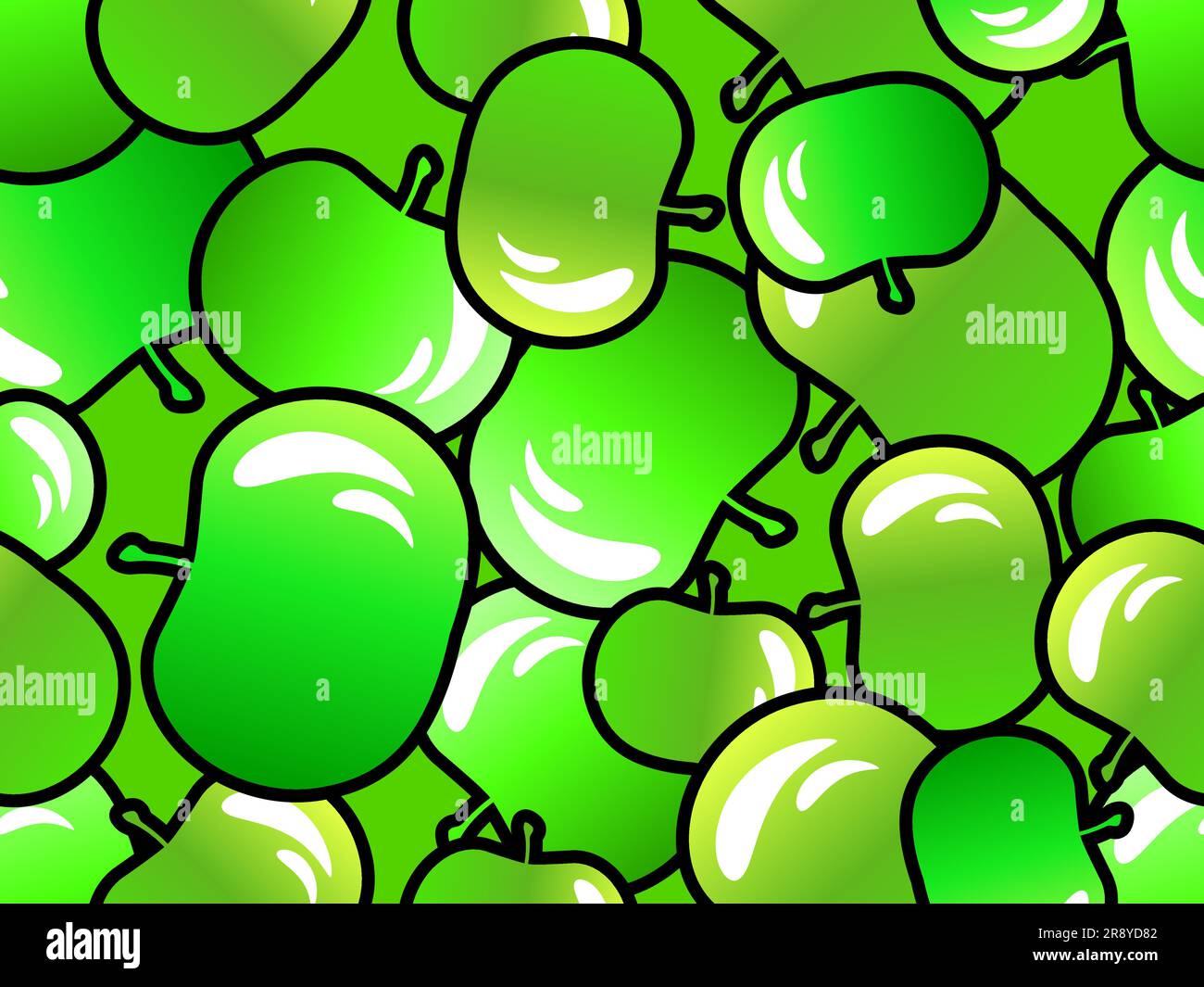 Gradient green apples with black stroke. Apples with light reflection ...