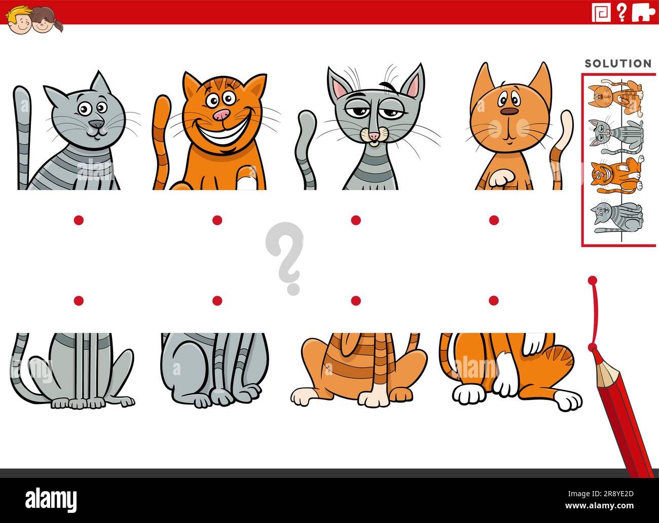 Cartoon illustration of educational task of matching halves of pictures ...