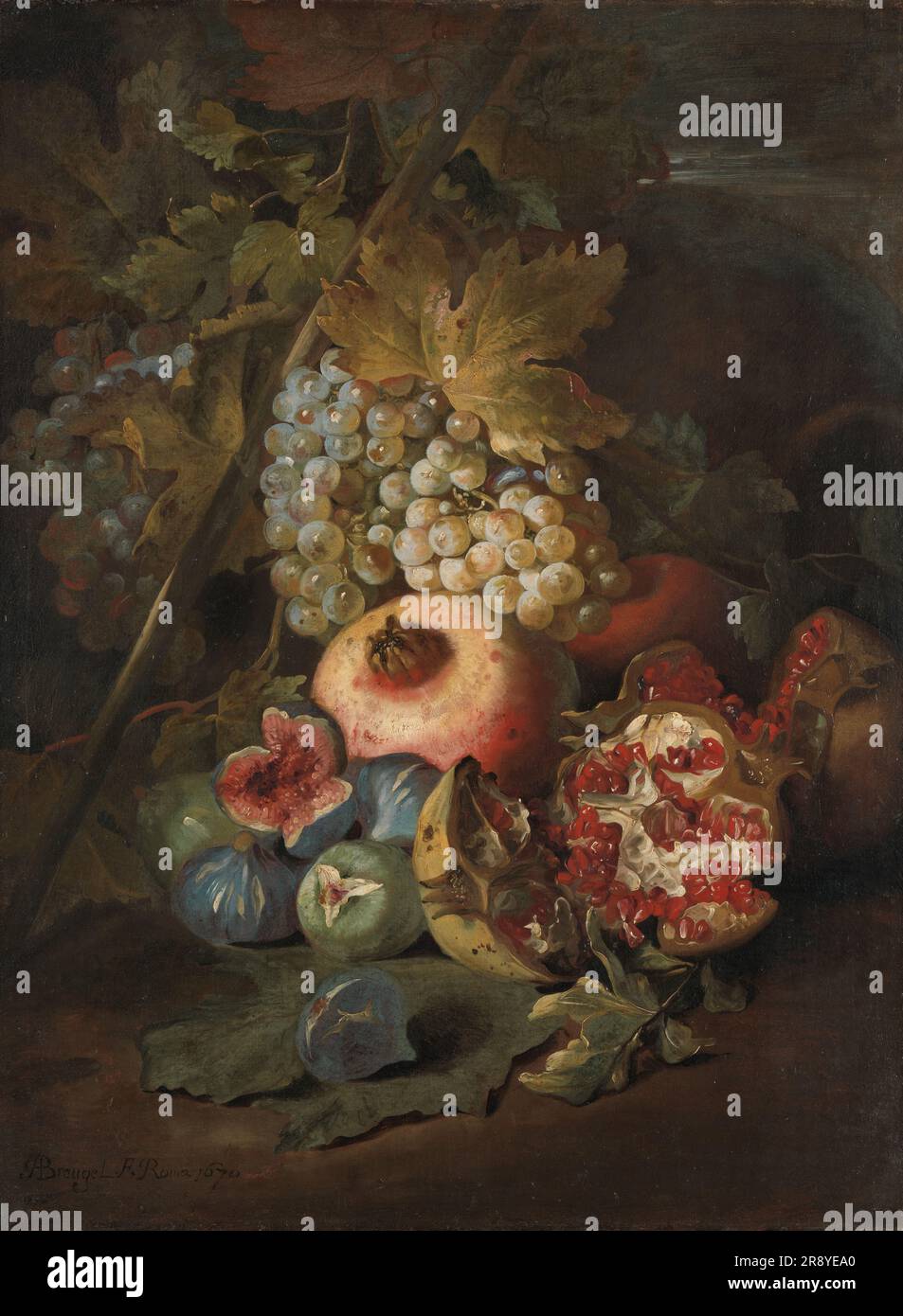 Bunches of Grapes, Pomegranates and Figs in a Landscape, 1670 Stock ...