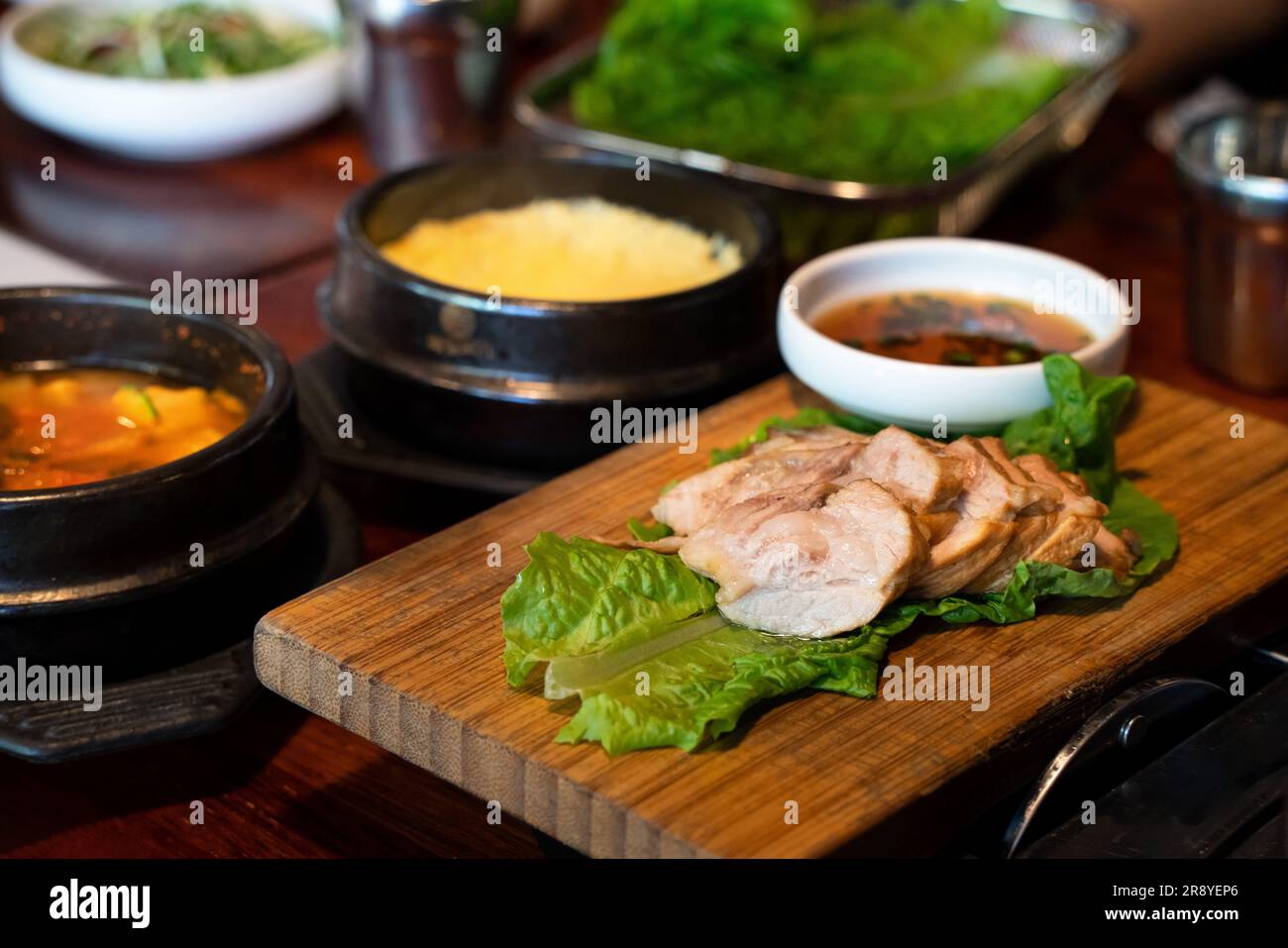 Pan-fried black pork meal in Jeju Korean restaurant, fresh delicious ...