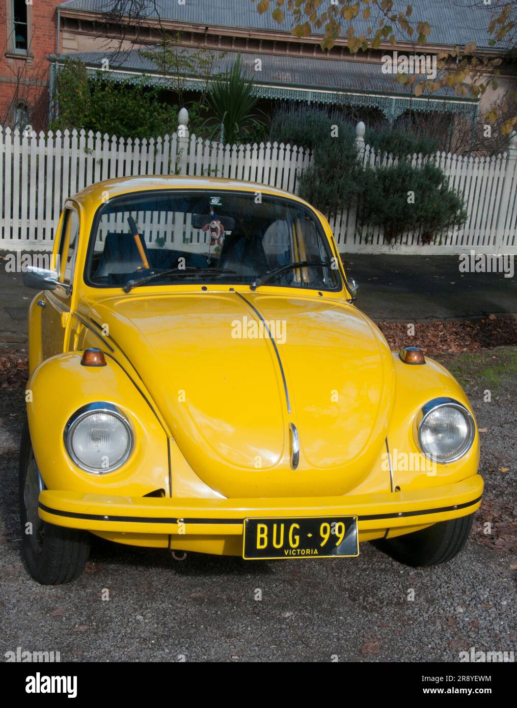 Distinctive yellow VW Beetle at Maldon in the Central Victorian ...
