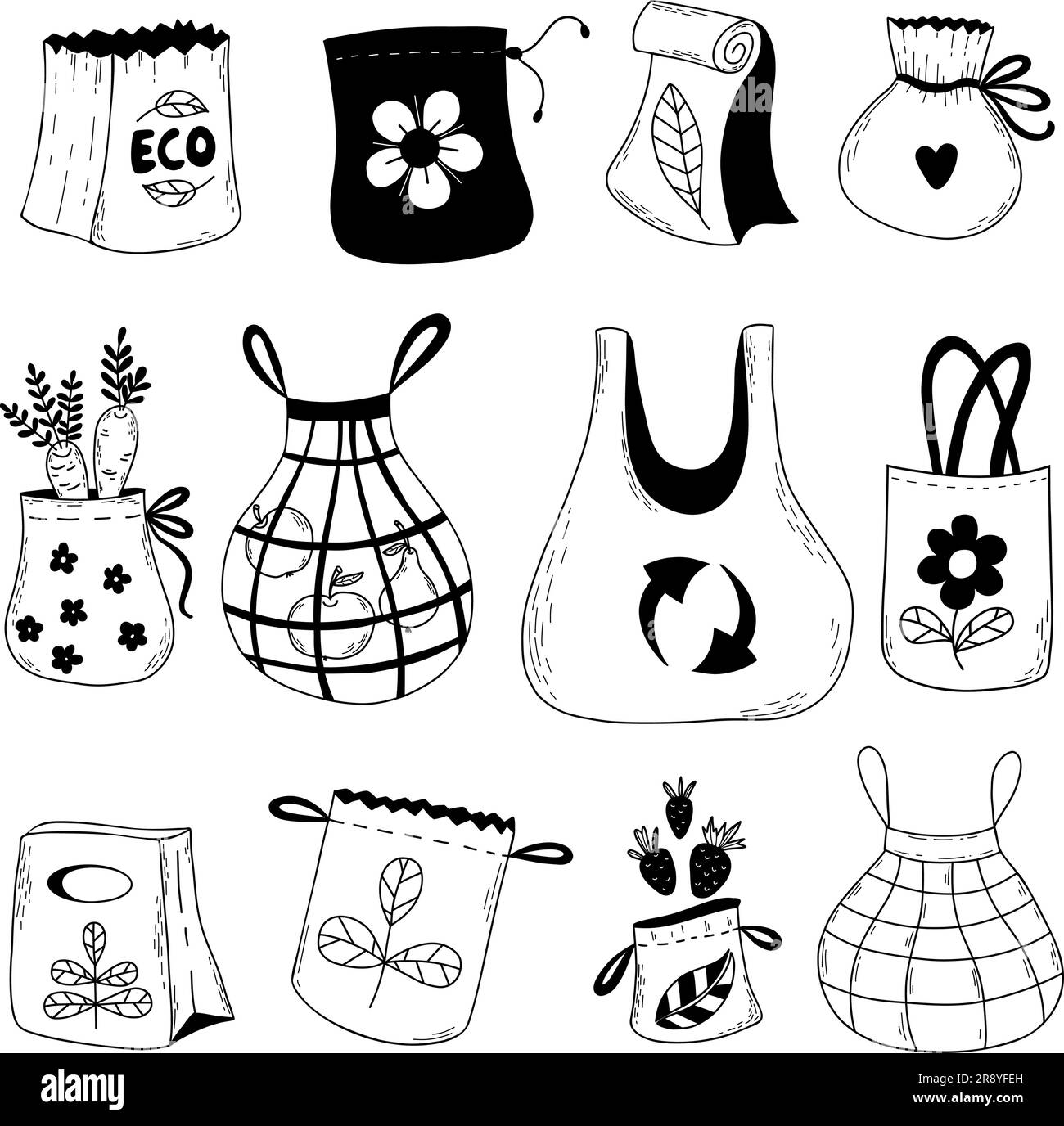 Eco bags doodles. Collection paper grocery bags, eco friendly, textile ...