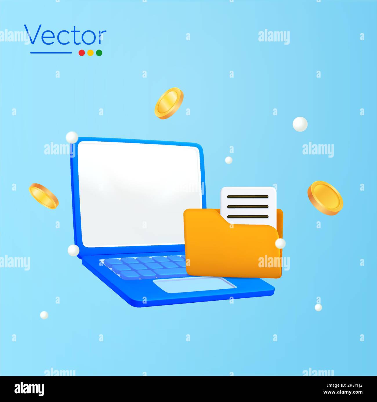 3d laptop with folder and file, floating coins, isolated on background ...