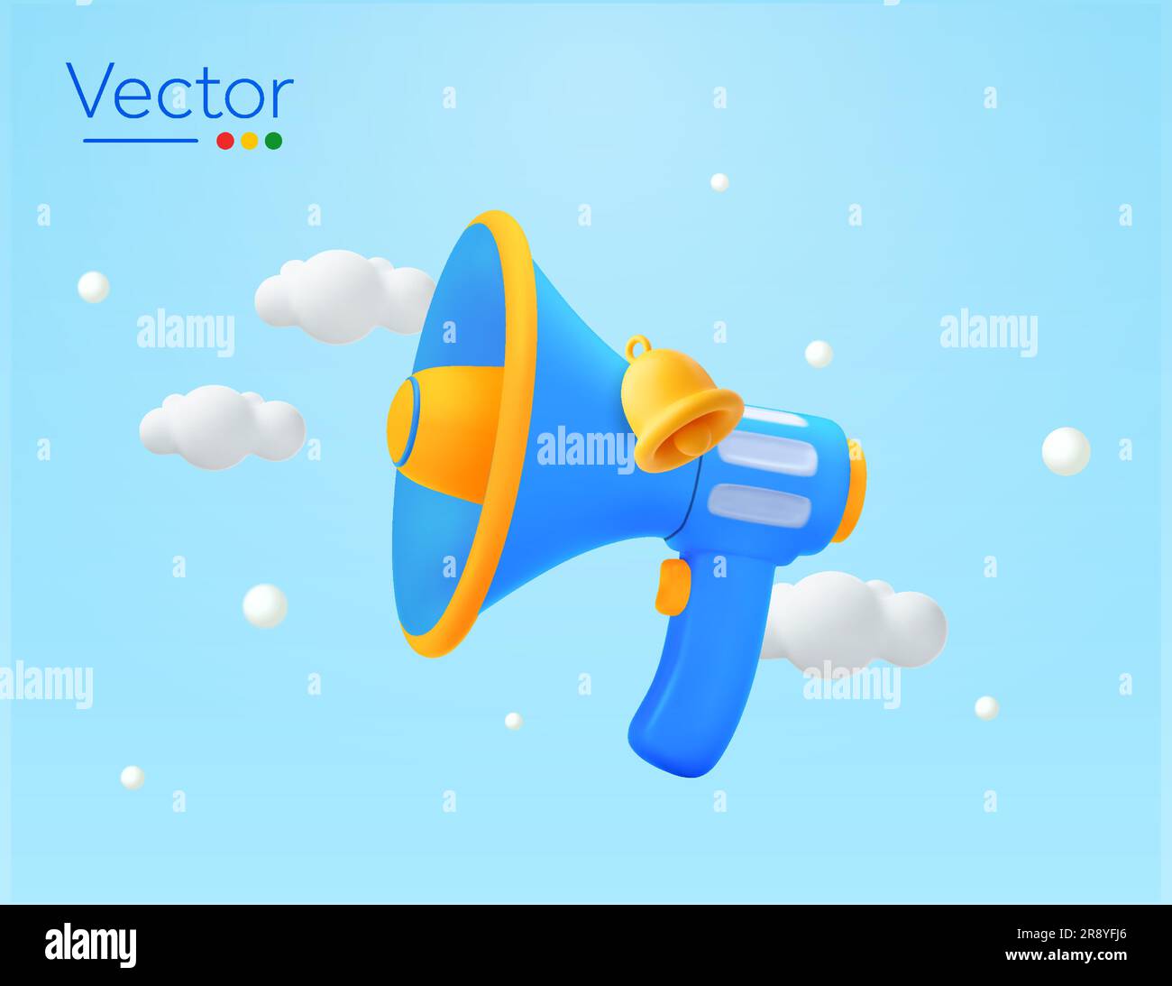3d megaphone speaker or loudspeaker bullhorn, with bell, clouds ...