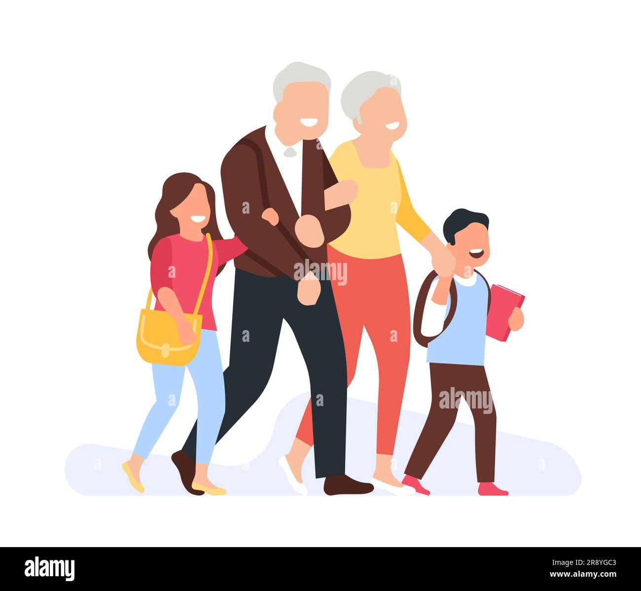 Joyful grandparents take their grandchildren to school. Happy people holding hands. Elderly ...