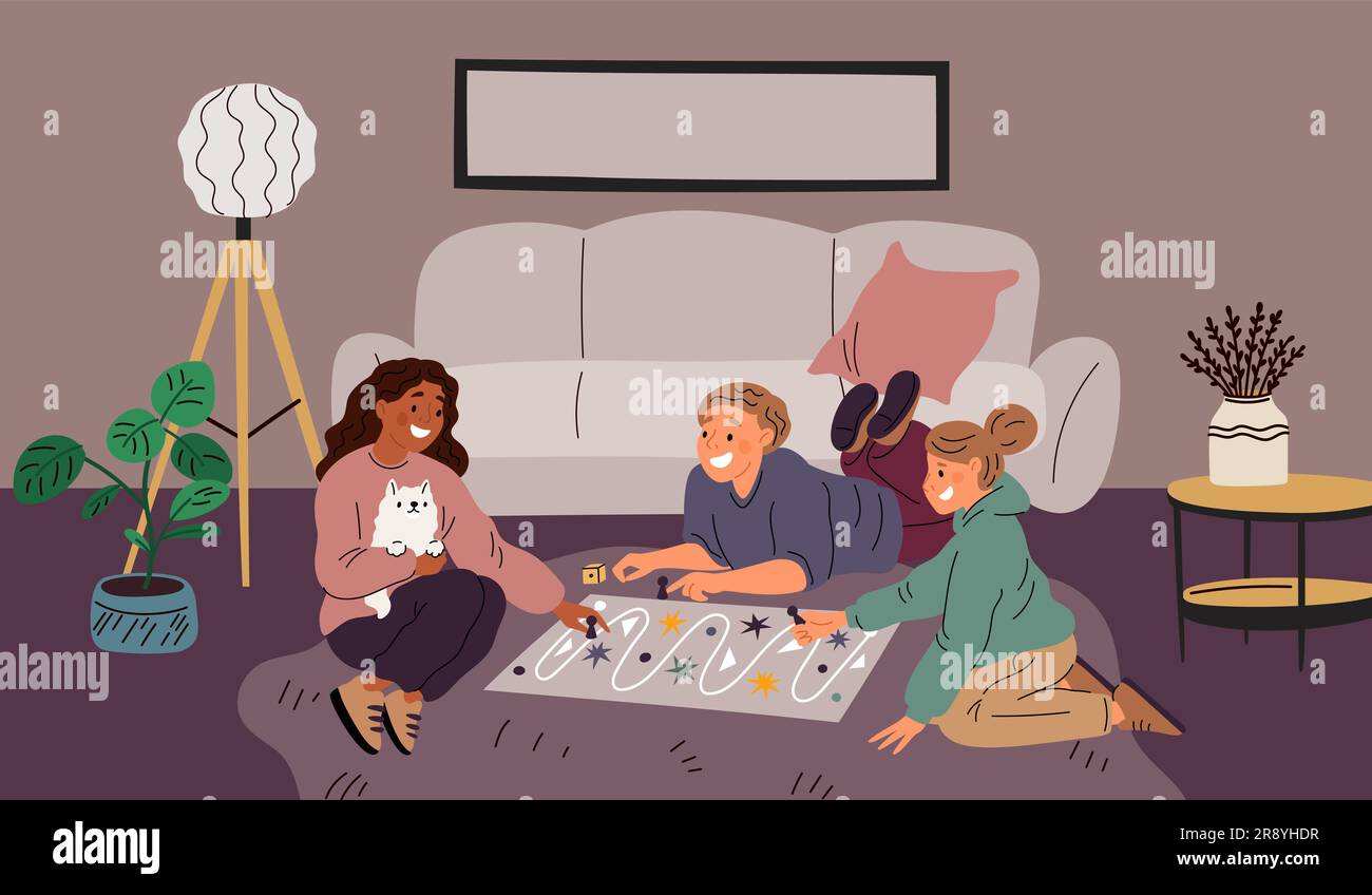 Board game process. Teenagers playing on floor. Living room. Home ...