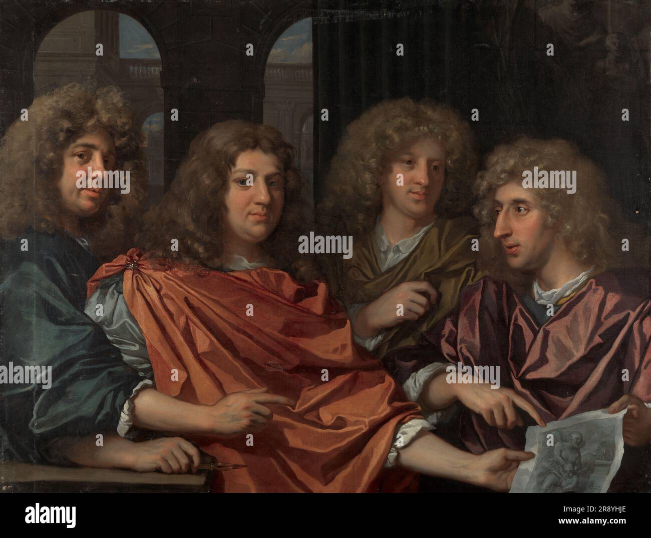 Group portrait of four artists, c.1680. One of them is holding a ...
