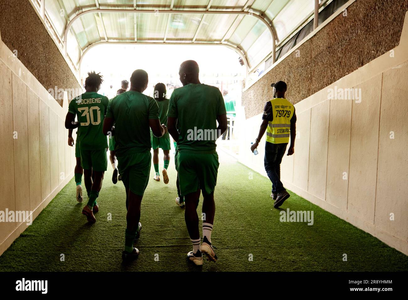 Nairobi, Kenya. 21 Jun 2023. Players walk out the tunnel to the pitch ahead of kick-off. Gor ...