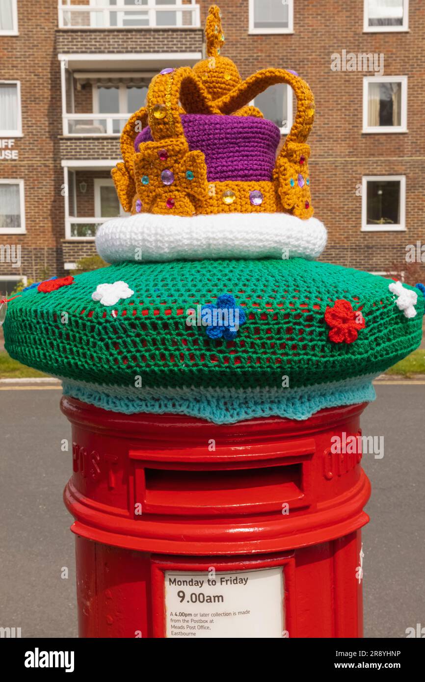 England, Sussex, East Sussex, Eastbourne, Red Postbox with Knitted Hat ...
