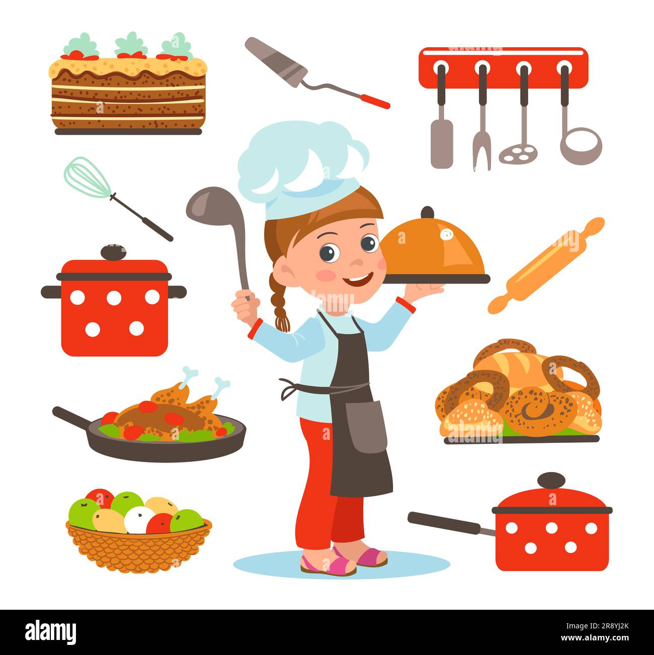 Little girl cook. Cartoon kitchen accessories. Kid cooking meal. Food ...