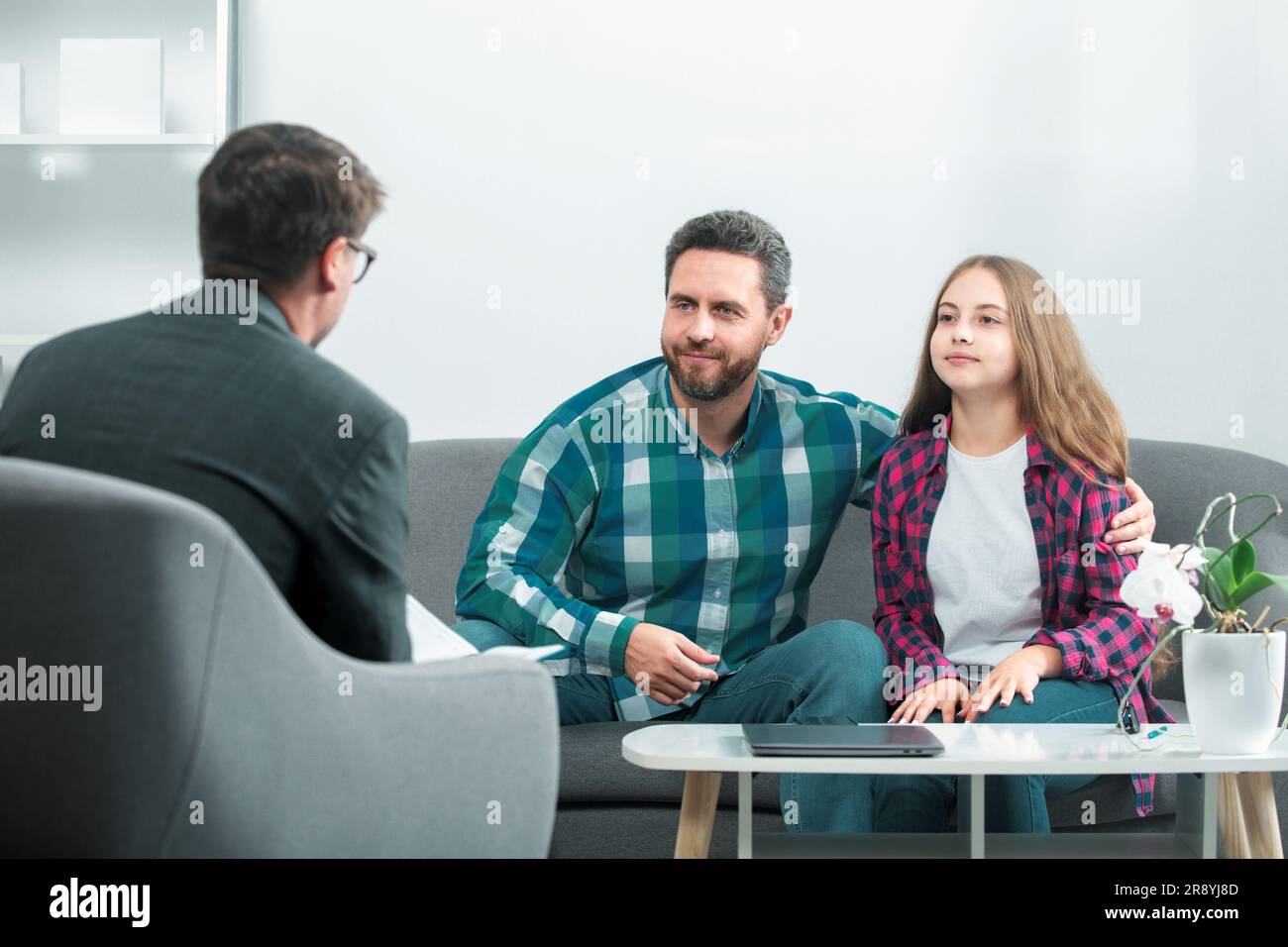 Father and child daughter with girl discussing problems in family with ...