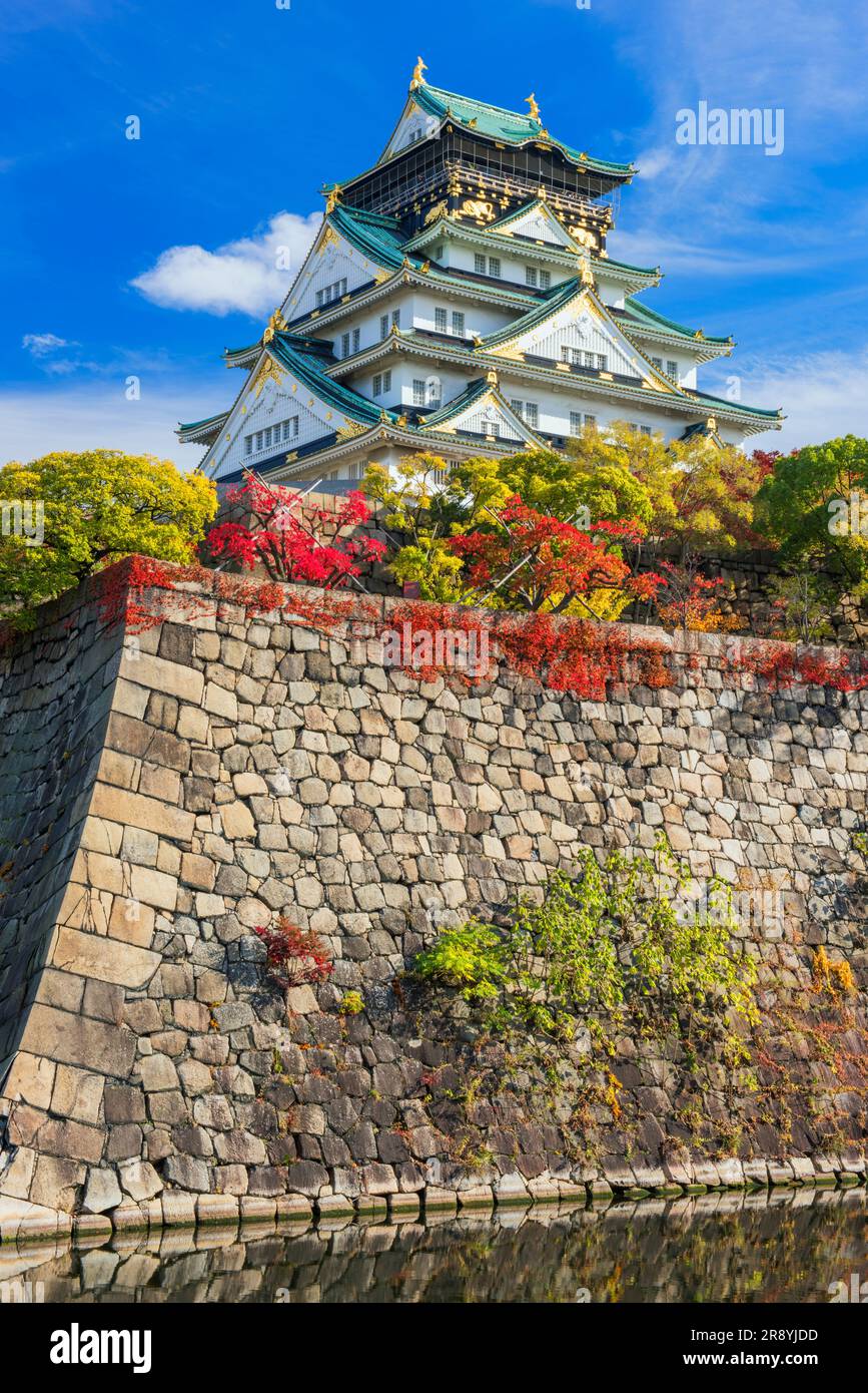 Osaka Castle tower with inner moat and autumn leaves Stock Photo - Alamy