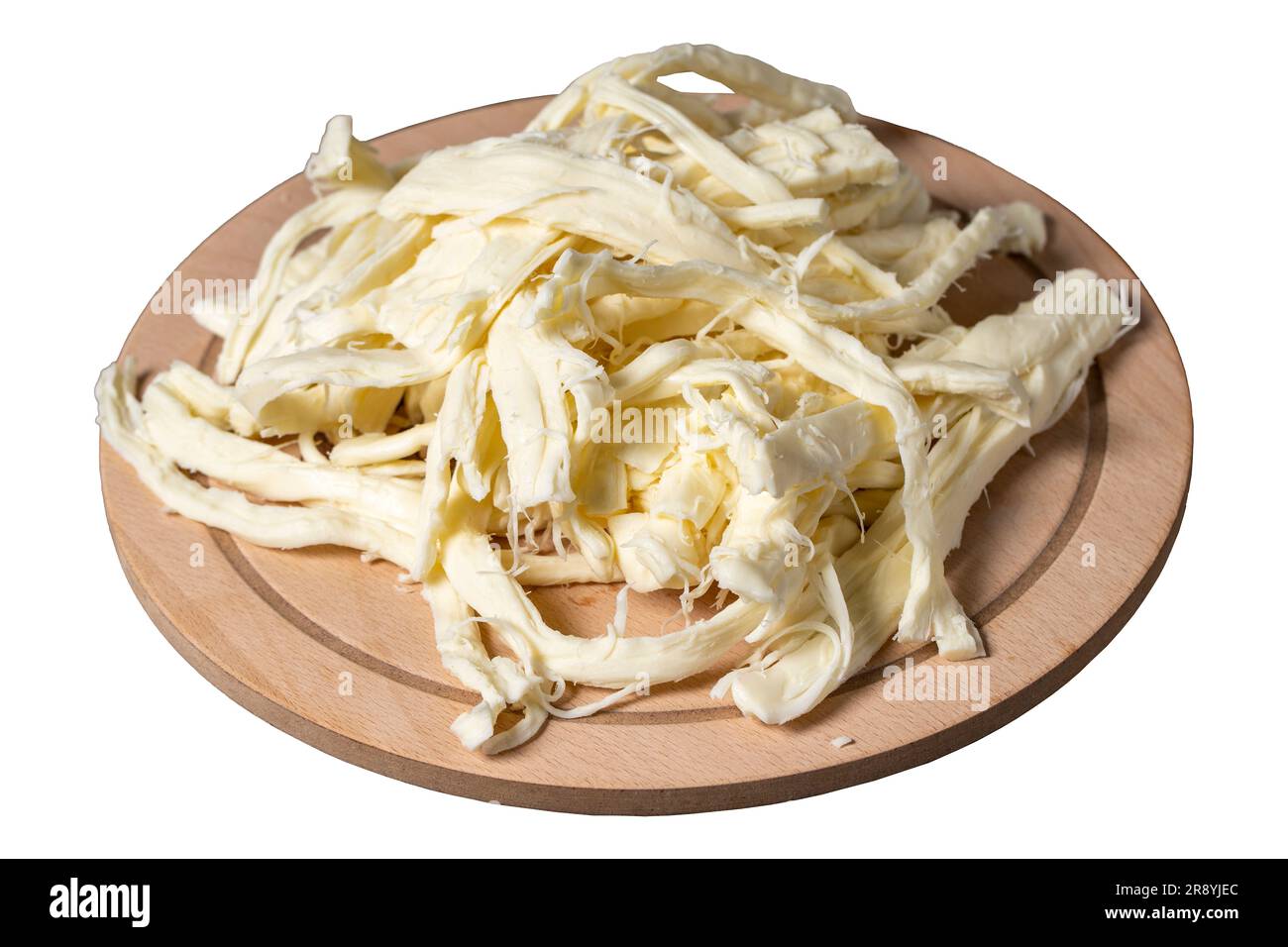 String cheese isolated on white background. Cecil cheese on a wood ...