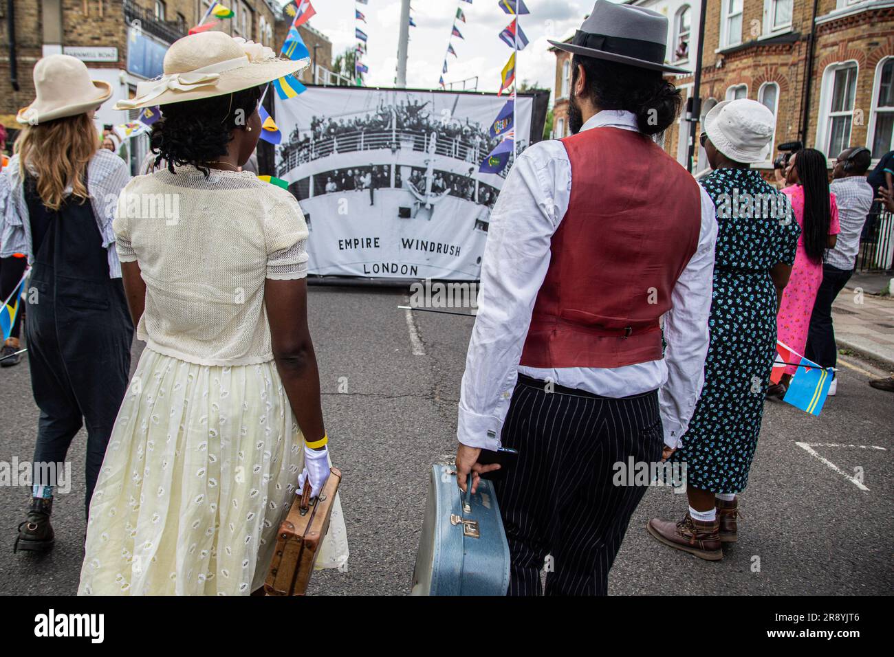 London, UK. 22nd June, 2023. A Windrush banner is seen on Railton Road ...
