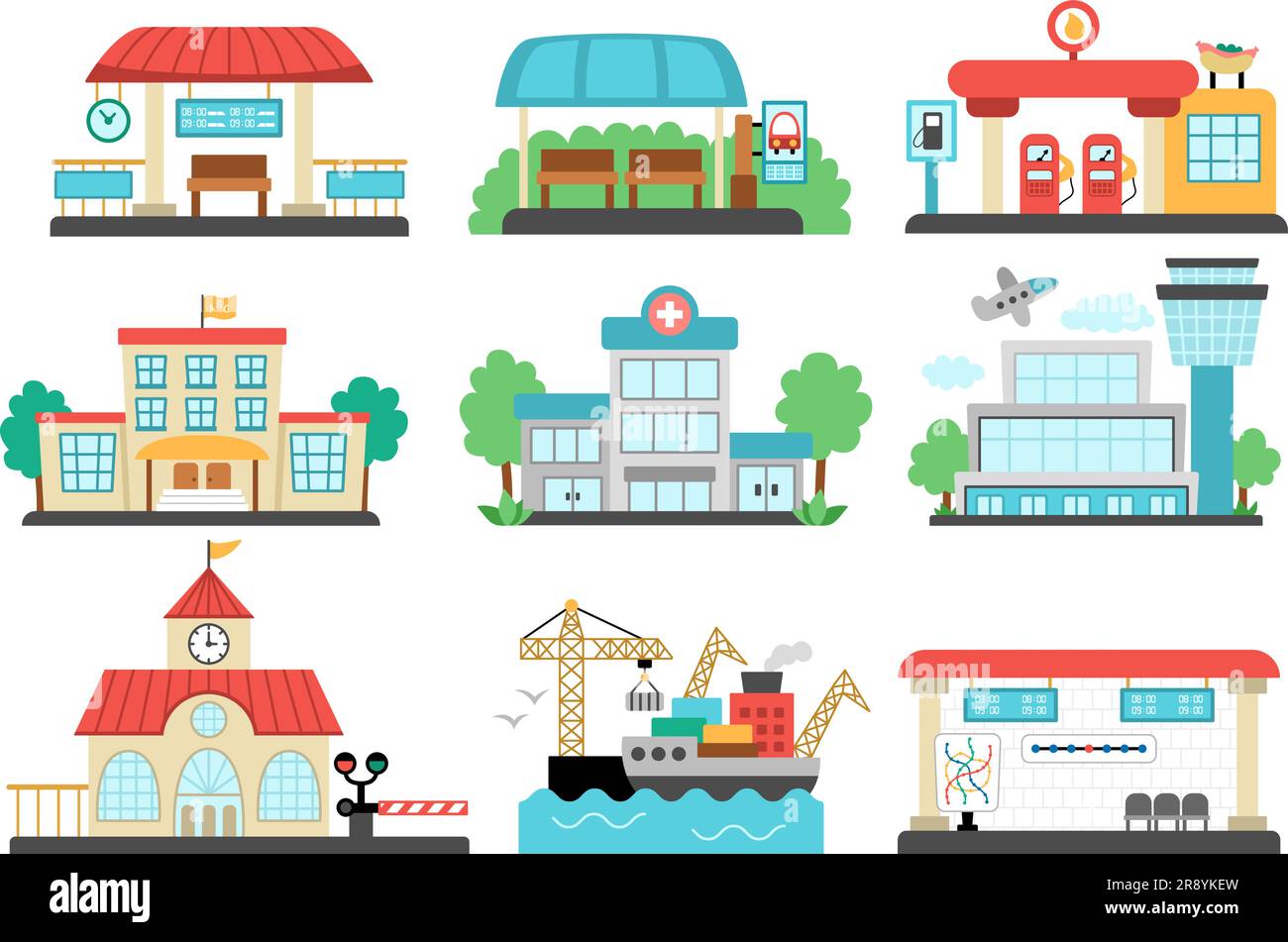 Vector city transportation places set. Bus stop, metro, railway, gas ...