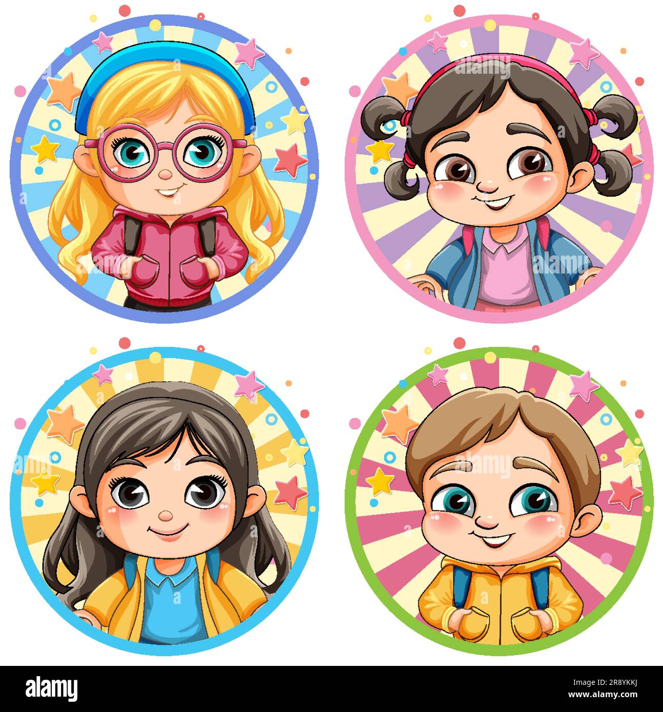 Set of cute children on circle sticker banner illustration Stock Vector ...