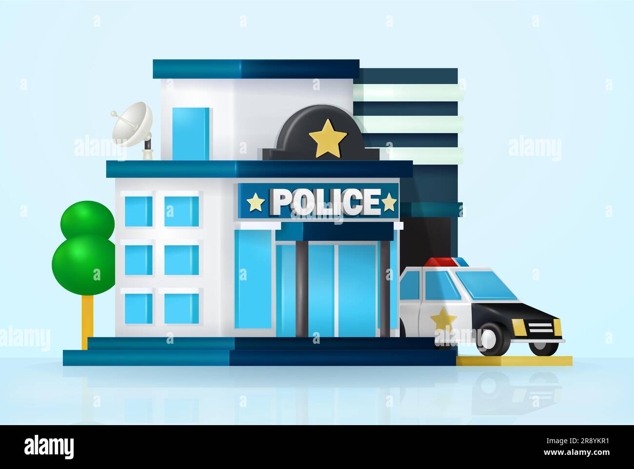 Police station and car, department building 3d vector, on bright blue ...