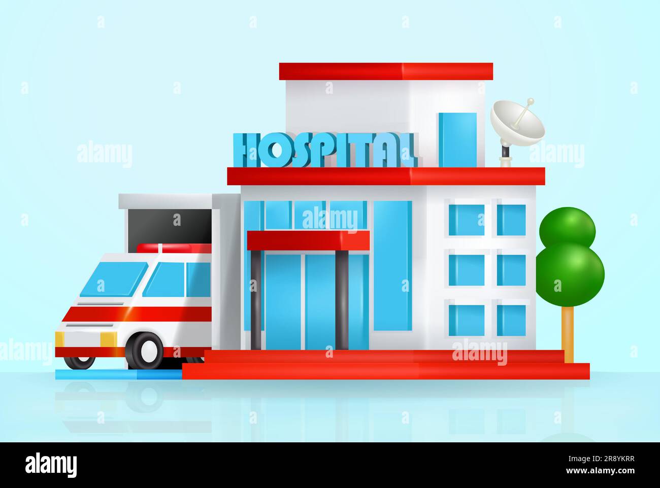 Hospital building and ambulance 3d vector. Medical office, modern city ...