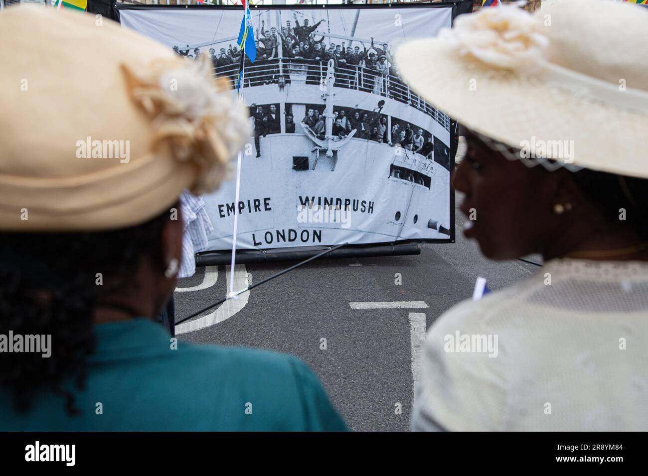 London, UK. 22nd June, 2023. A Windrush banner is seen on Railton Road ...