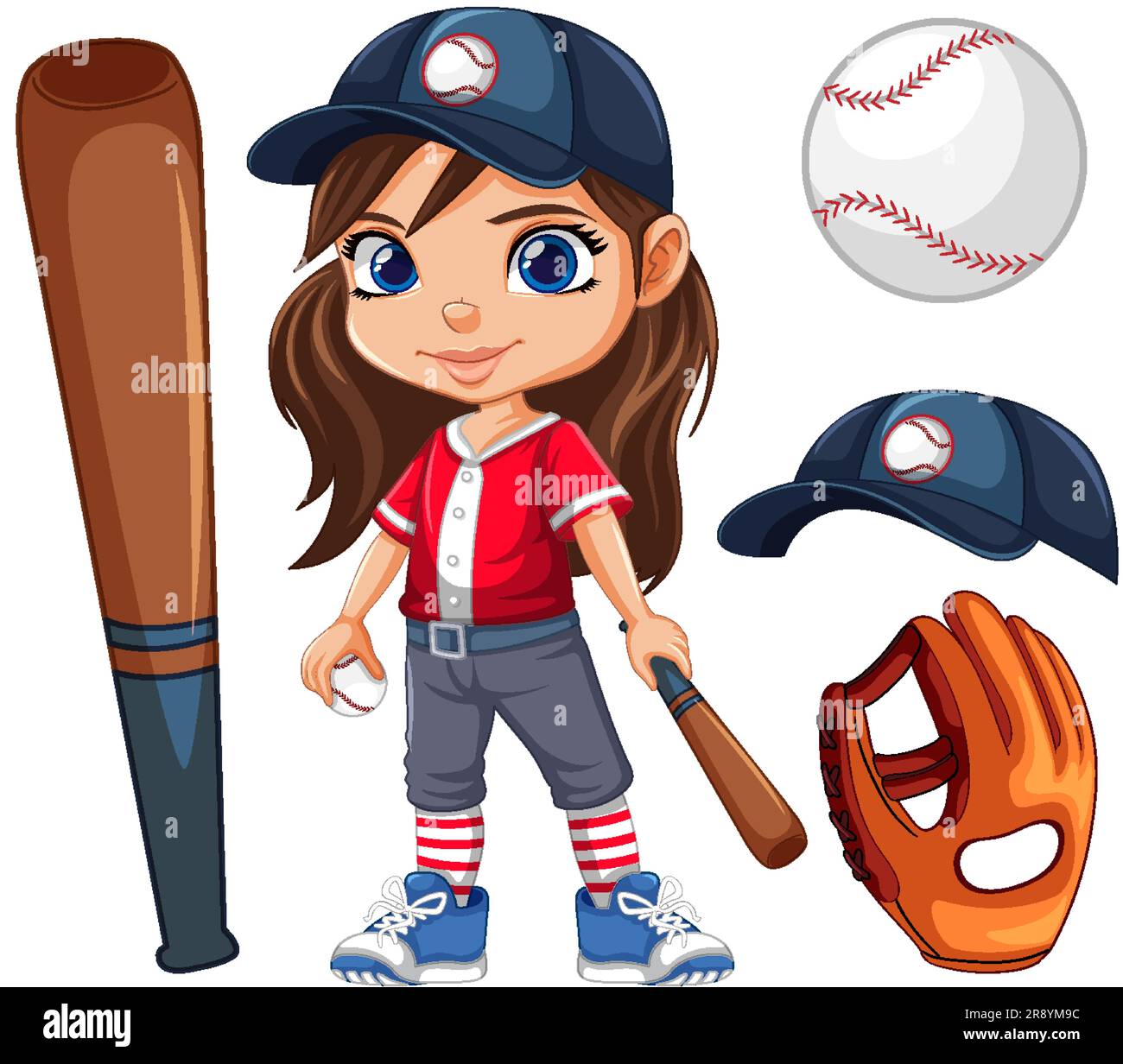 Cute Girl in Baseball Outfit with Baseball Sport Objects illustration ...
