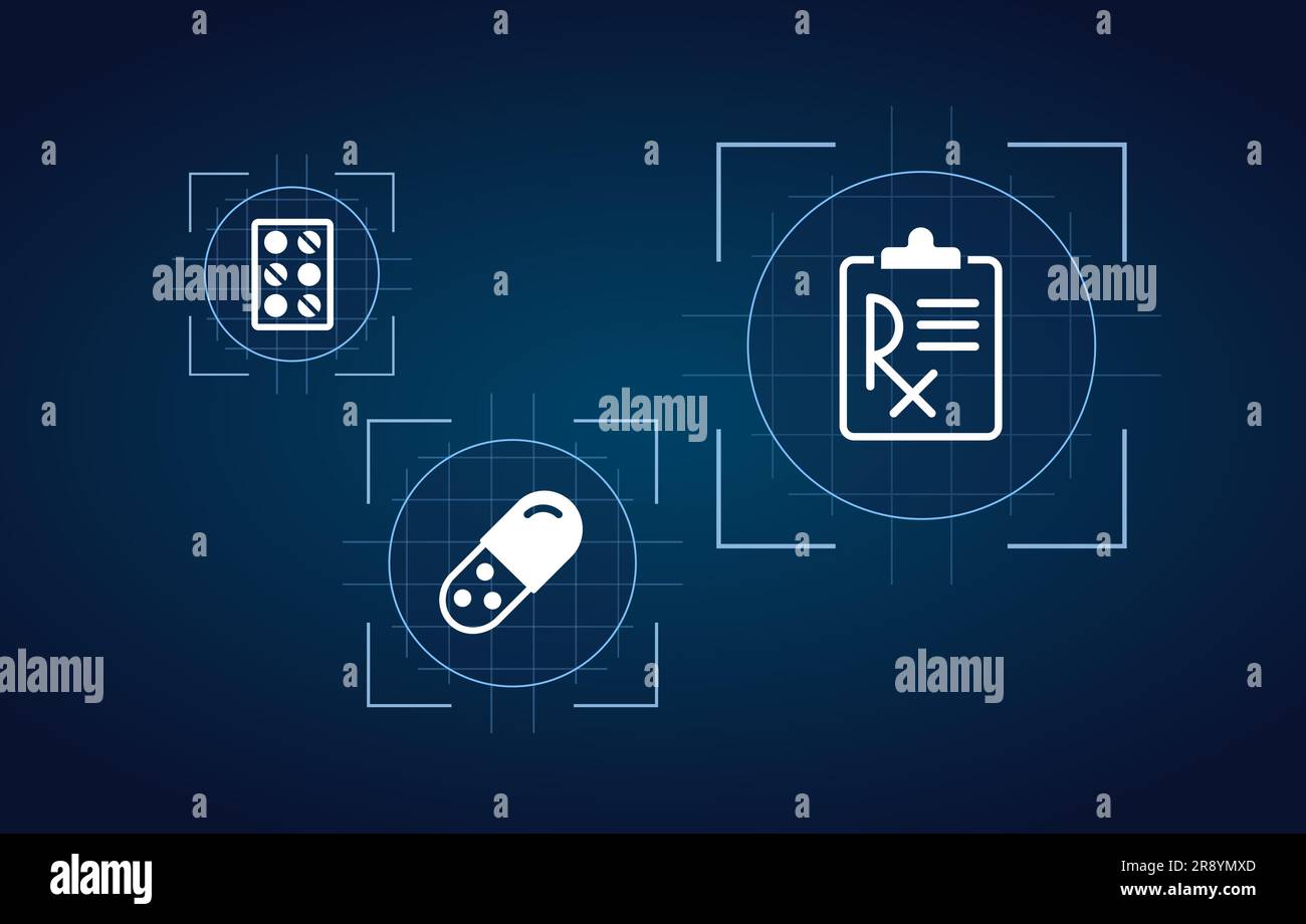 Prescribing medications concept design template with white glyph icons ...