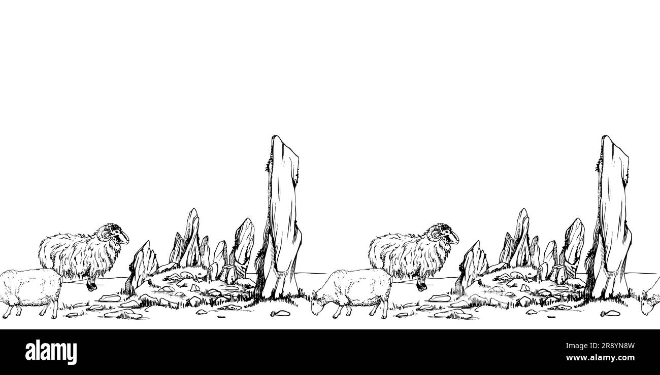 Ink hand drawn vector graphic sketch. Seamless border. Scotland scenic ...