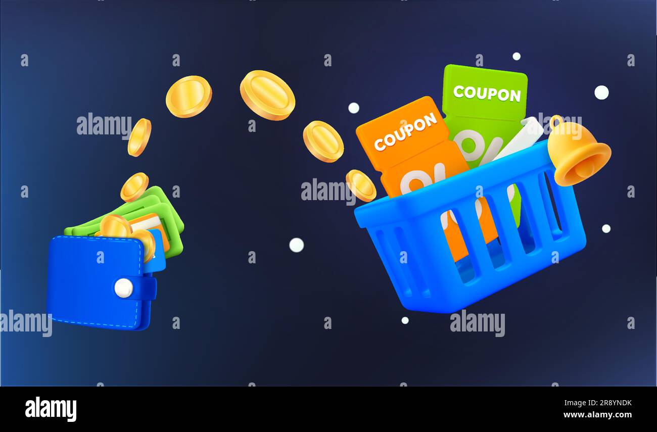 3d shopping bag with vouchers, coupons, notification bell, wallet ...