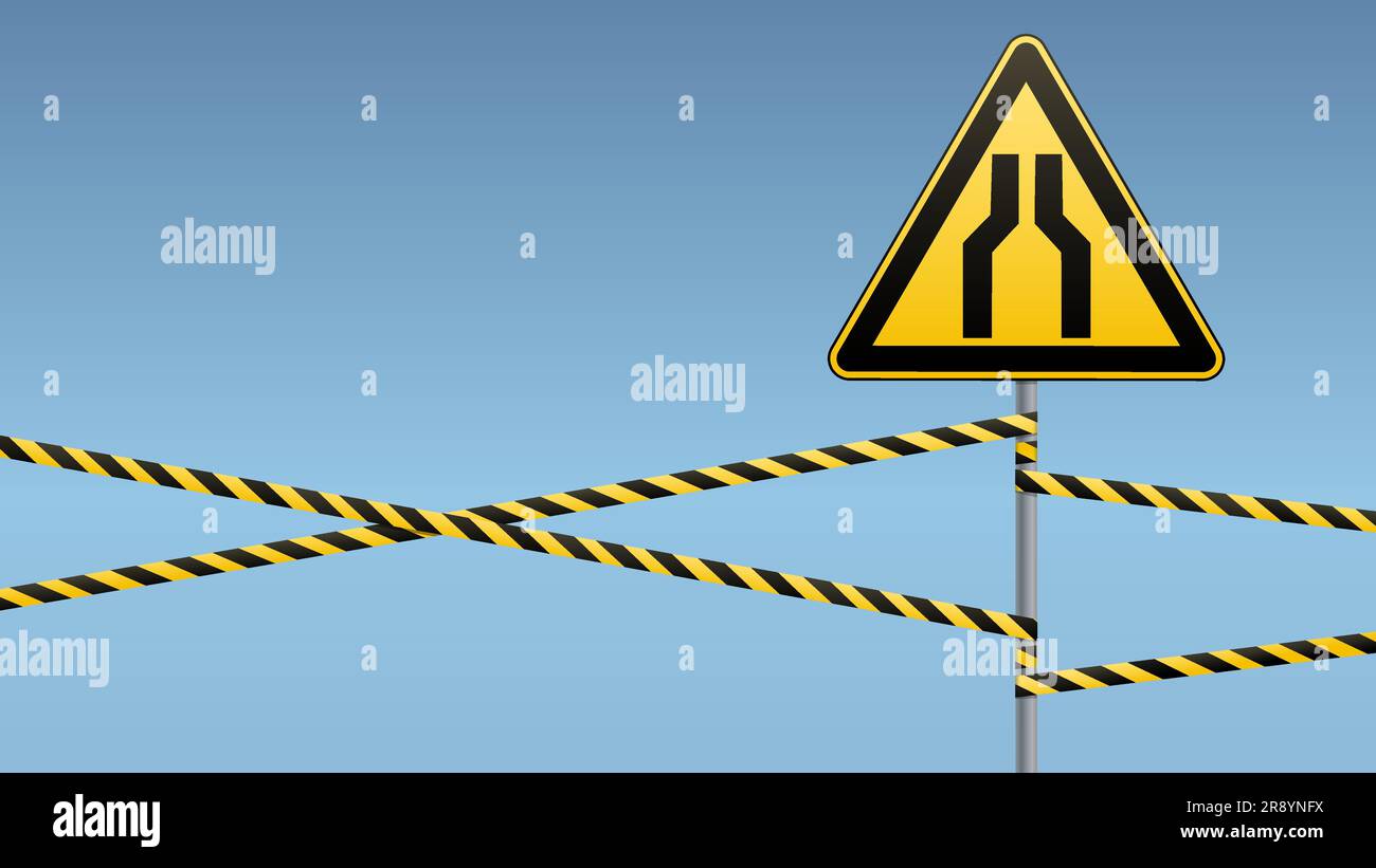 Carefully narrow the passage. Caution - danger. Warning sign. Yellow ...