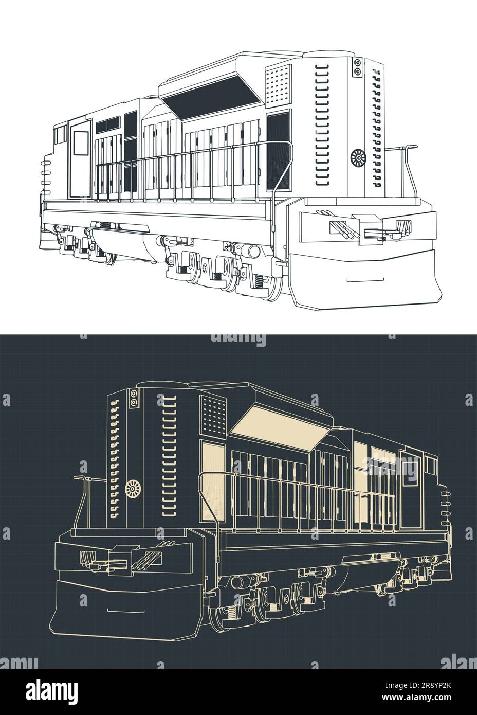 Stylized vector illustrations of drawings of diesel locomotive Stock ...