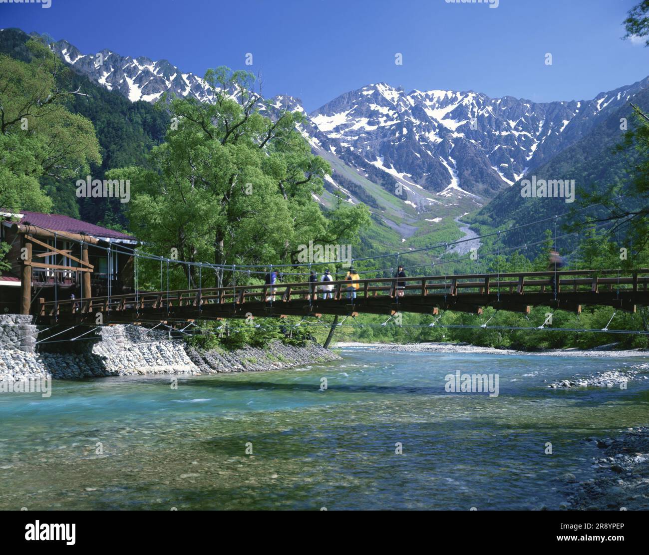 Azusa River, Kappa-bashi Bridge and Hotaka mountain range Stock Photo ...