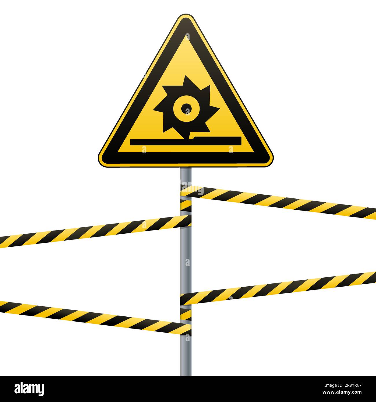 Carefully cutting shafts. Safety sign. The triangular sign on a pole ...