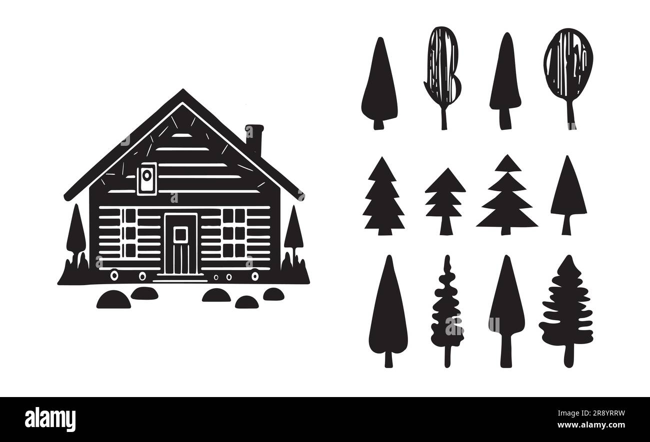 Set of log cabin and alpine fir tree vector illustrations. Masculine ...
