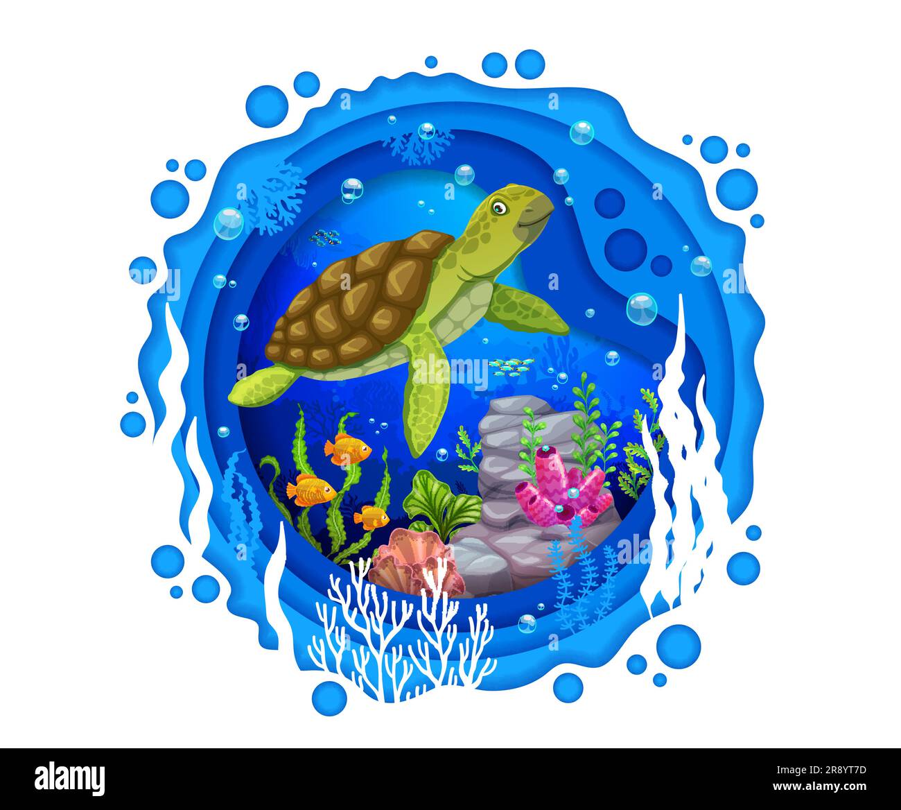 Cartoon turtle and sea paper cut, underwater landscape, vector papercut ...