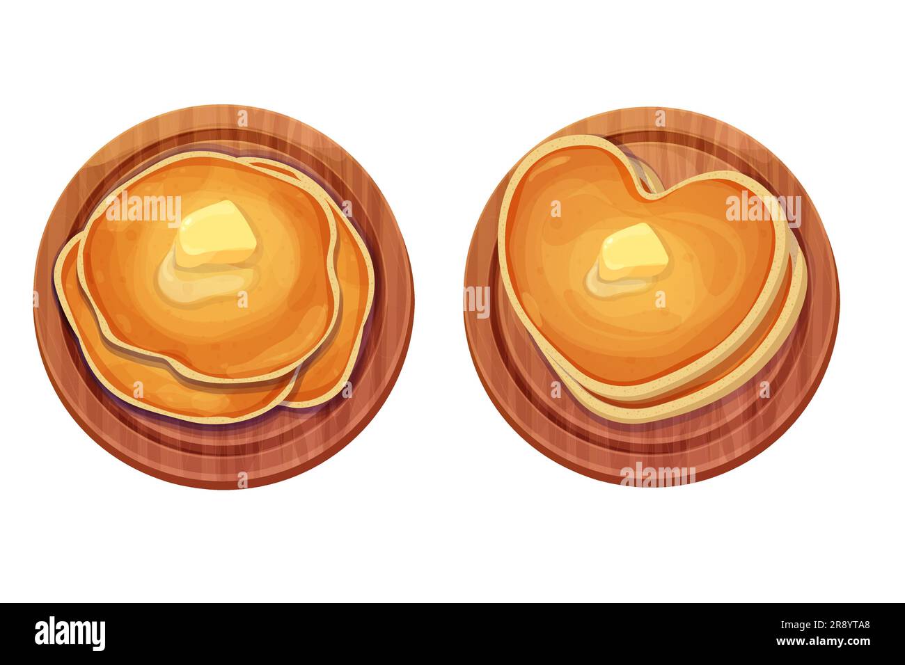 Set Pancakes stack with butter top view on wooden round desk or plate ...