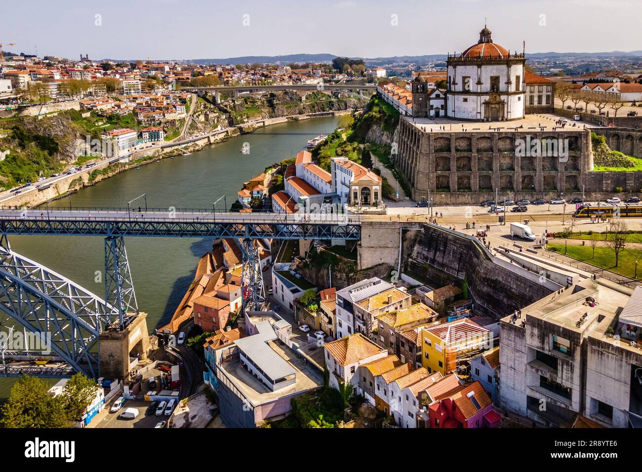 Porto aerial view of D. Luis bridge and serra do pilar and freixo ...
