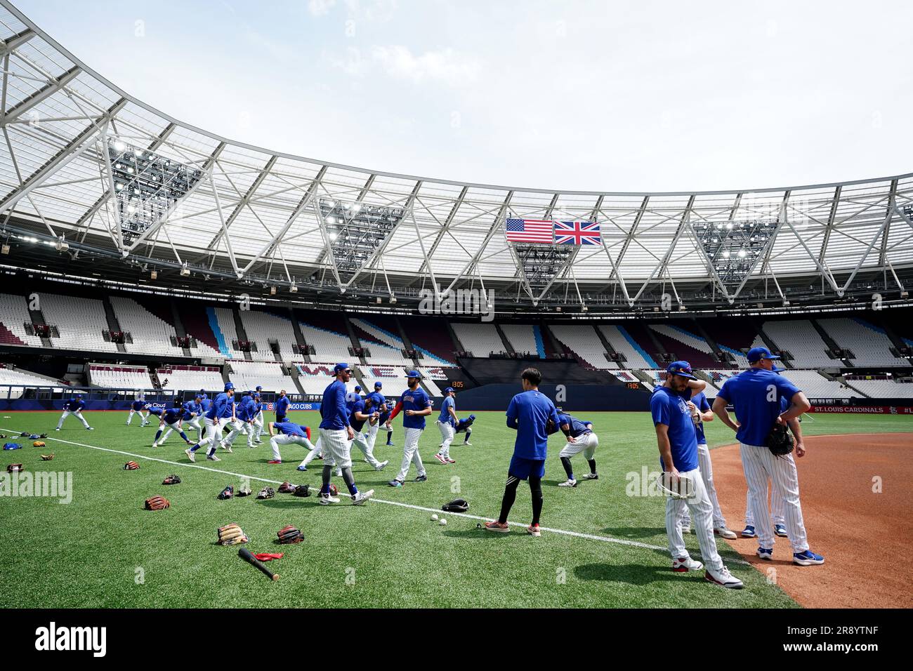 A general view as Chicago Cubs do their stretches during a workout day ...