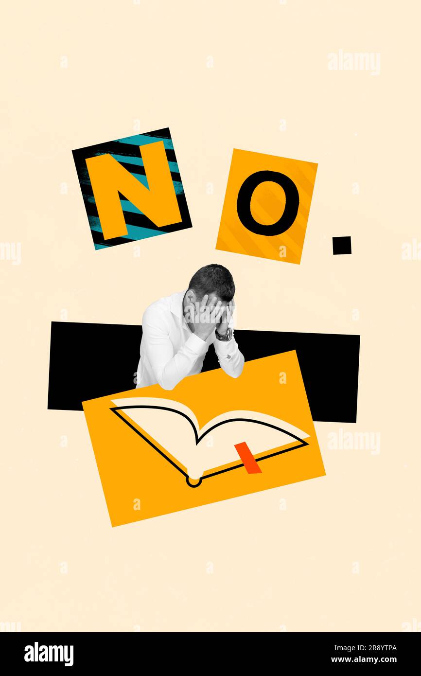 Picture sketch collage image of stressed depressed guy denying reading ...