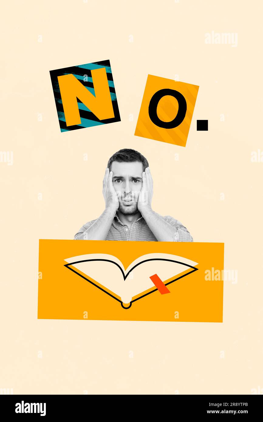 Creative 3d photo collage painting of unhappy upset guy denying reading ...